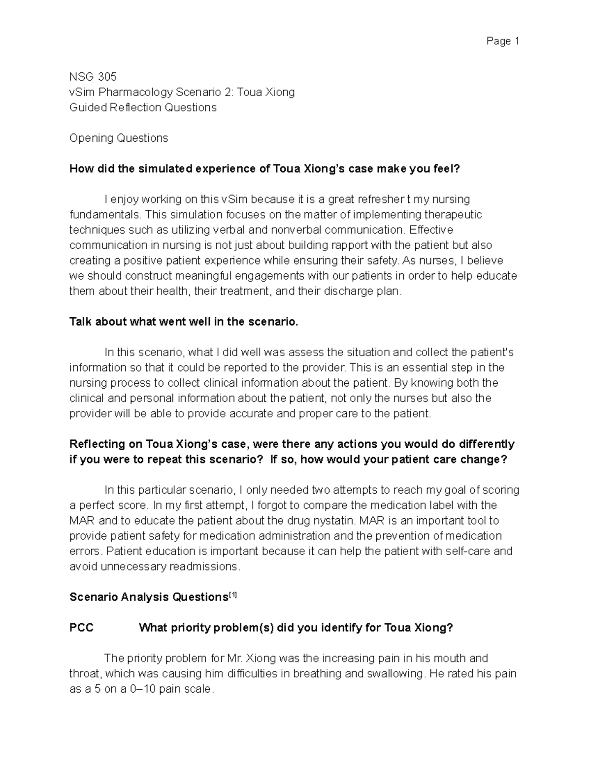 GRF v Sim Pharmacology Scenario 2 Toua Xiong - NSG 305 vSim Pharmacology Scenario 2: Toua Xiong ...