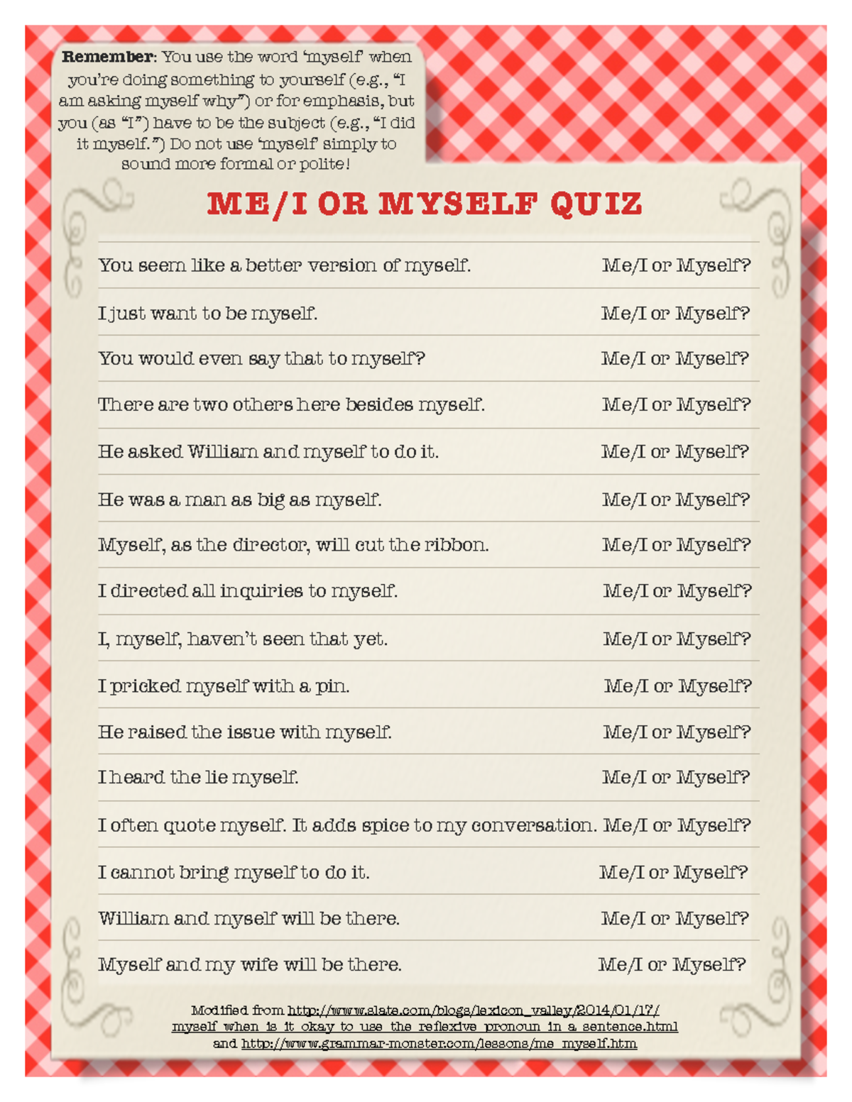 PSY-225 Gernsbacher Myself Quiz - ME/I OR MYSELF QUIZ Remember you’re ...
