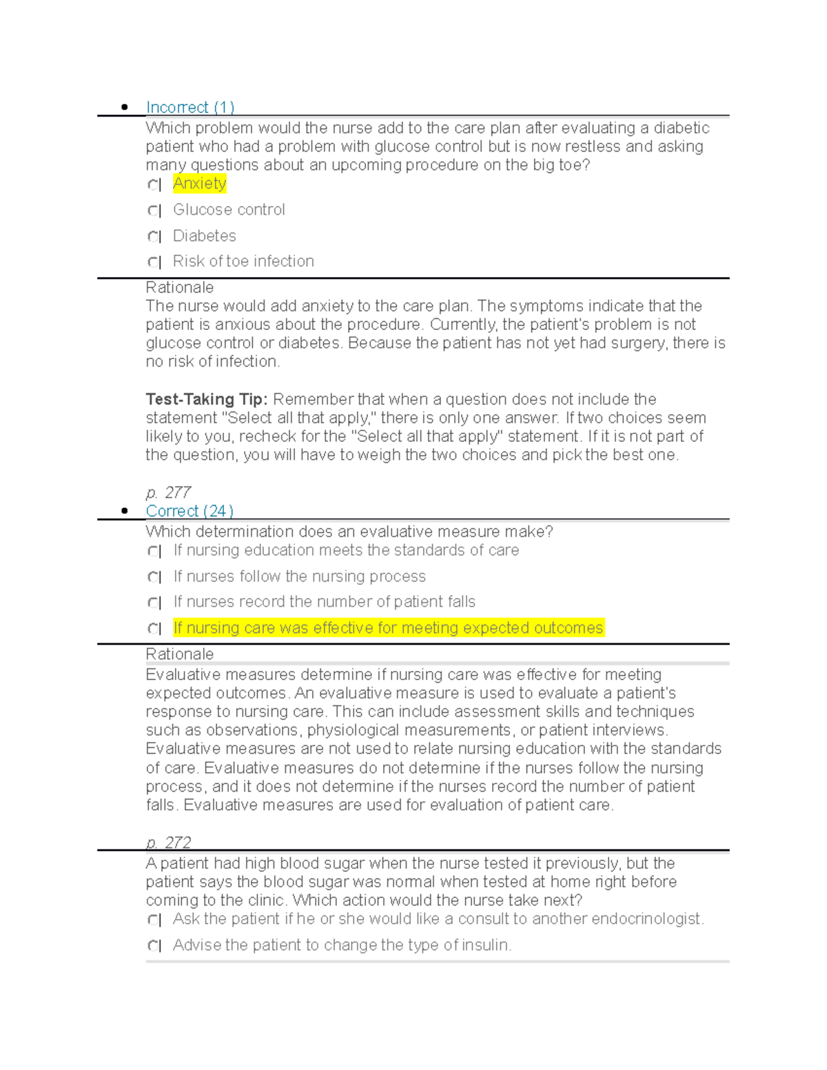 EAQ Nursing Evaluation Chapter 20 - Incorrect (1) Which problem would ...
