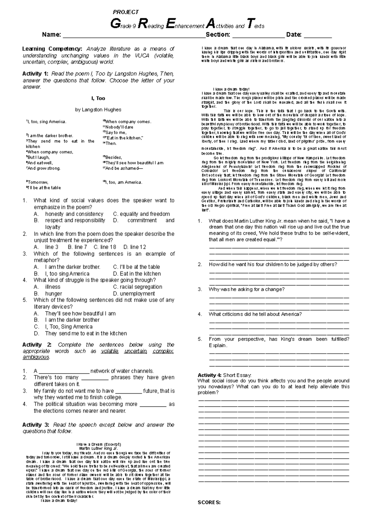 Learning Competency - Grade 9 - PROJECT Grade 9 Reading Enhancement ...