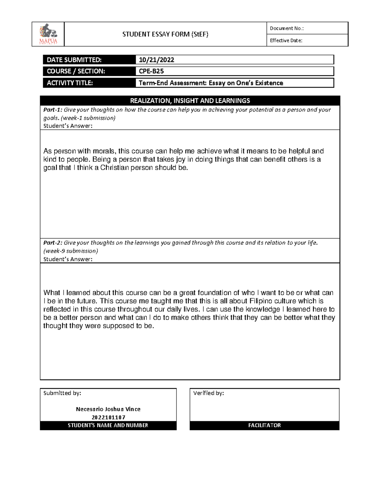 PART2 Form - NSTP1 00 Term-End Assessment - Essay on One's Existence ...