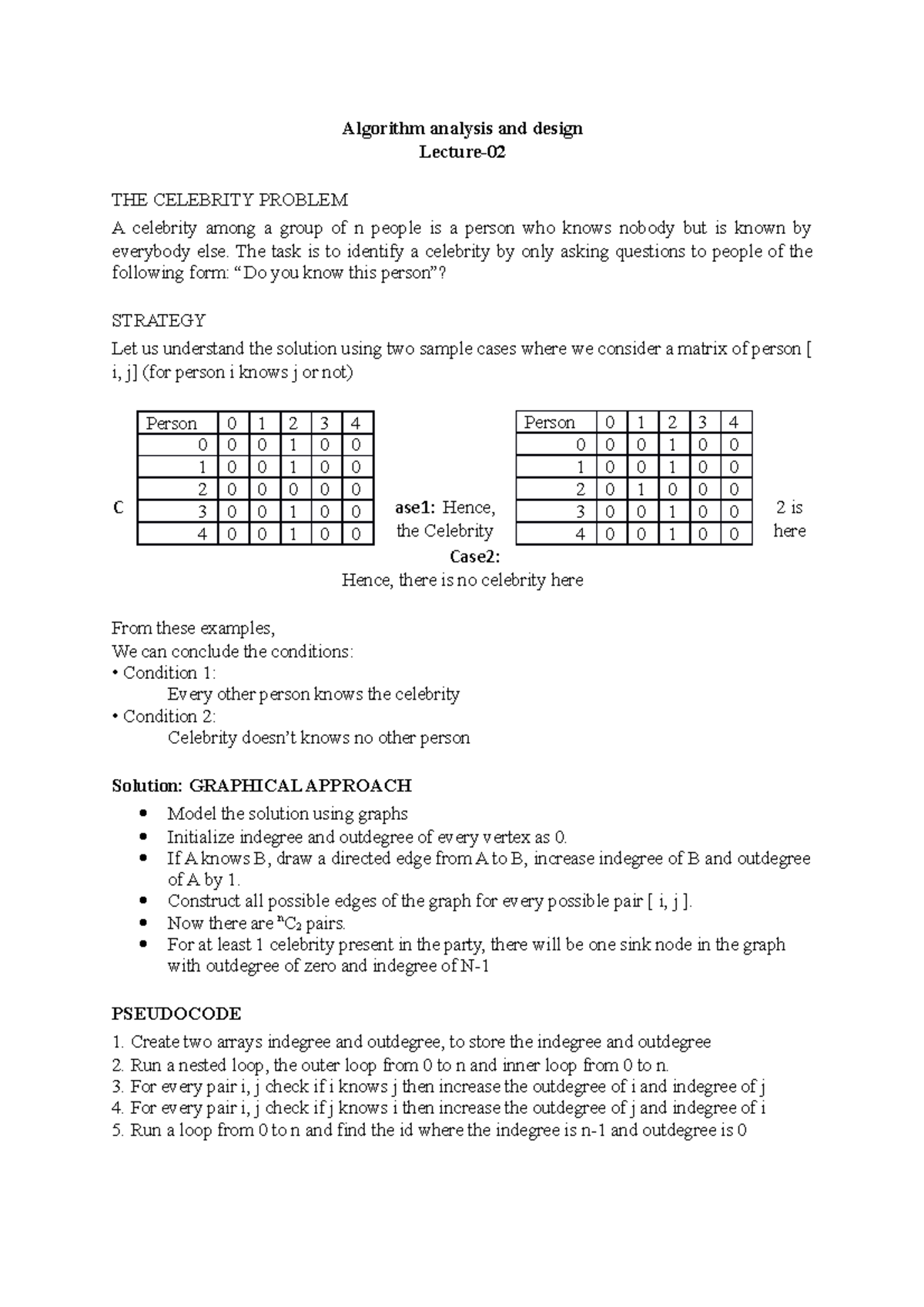 Aad Lec02 Recurrence Algorithm Analysis And Design Lecture The Celebrity Problem A