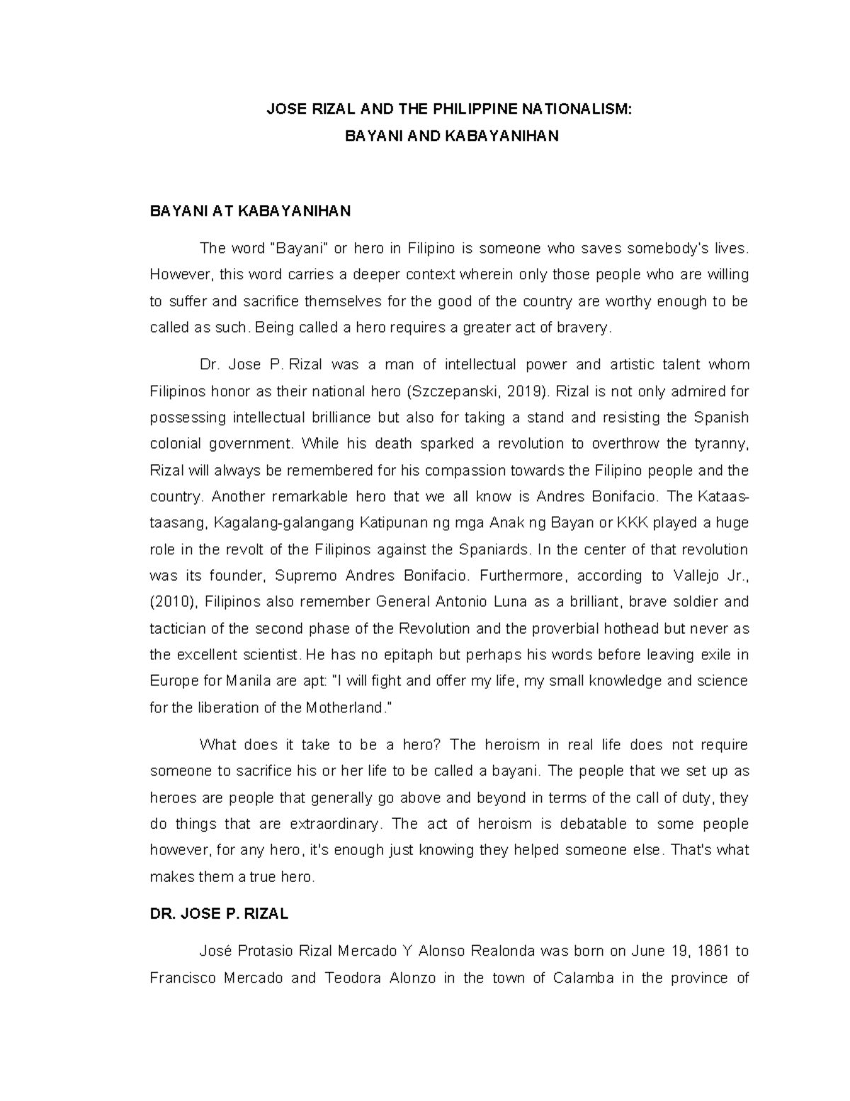 Concept and Assessing the Theory of Bayani - JOSE RIZAL AND THE ...