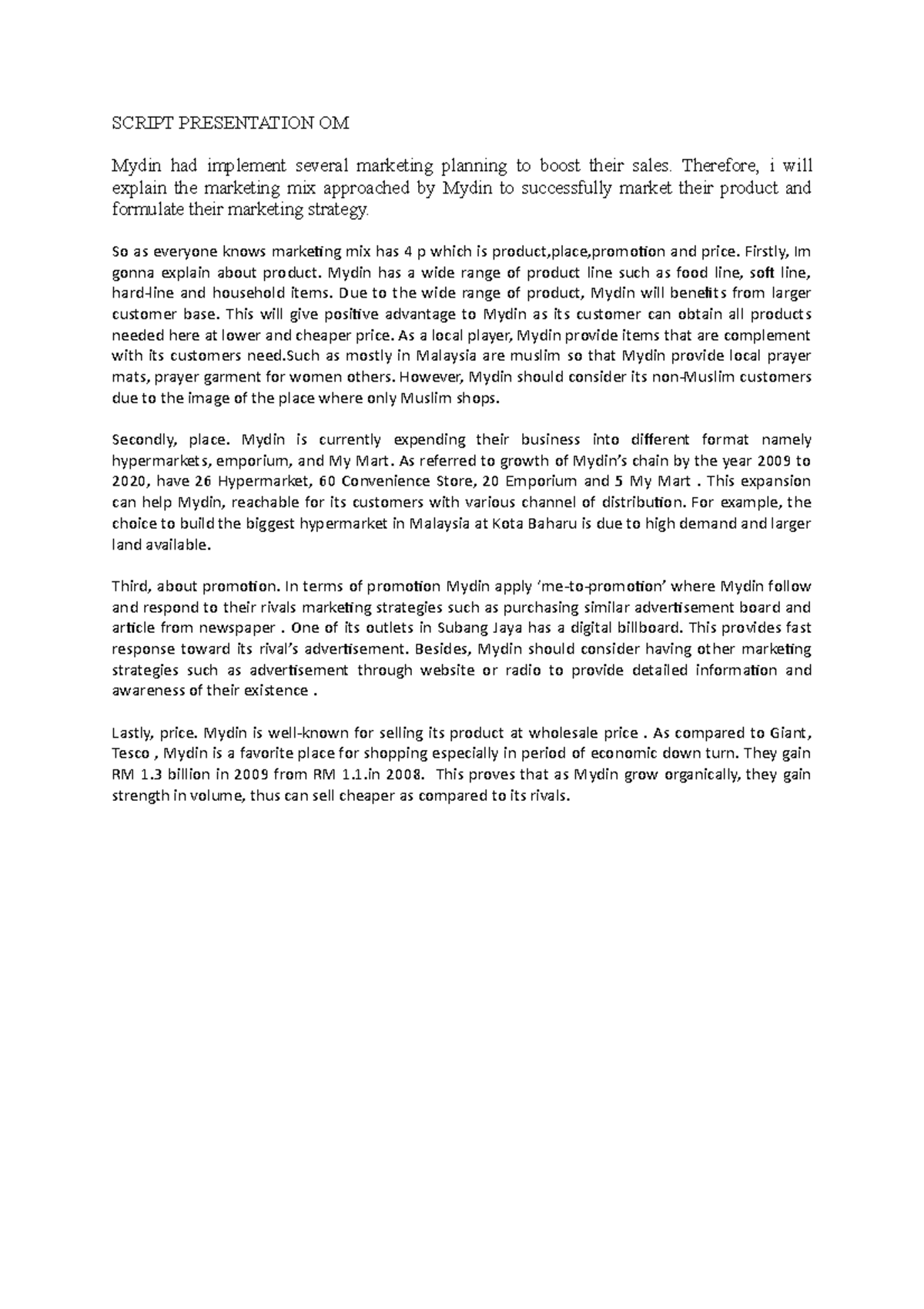 Script Presentation OM - SCRIPT PRESENTATION OM Mydin had implement ...