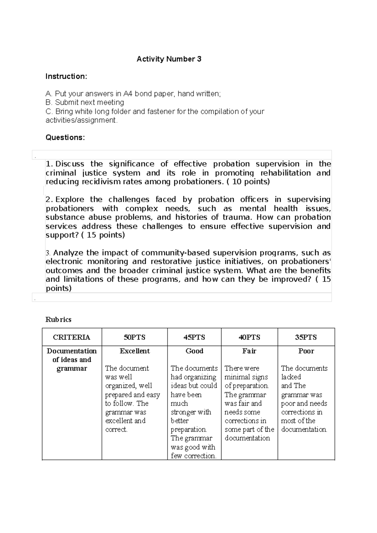 Activity Number 3 doc - Good - Activity Number 3 Instruction: A. Put ...