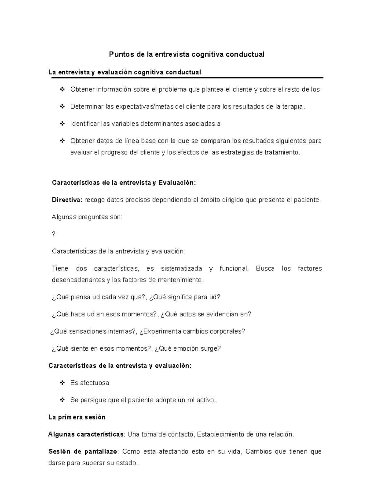 Entrevista conductual - Puntos de la entrevista cognitiva conductual La ...