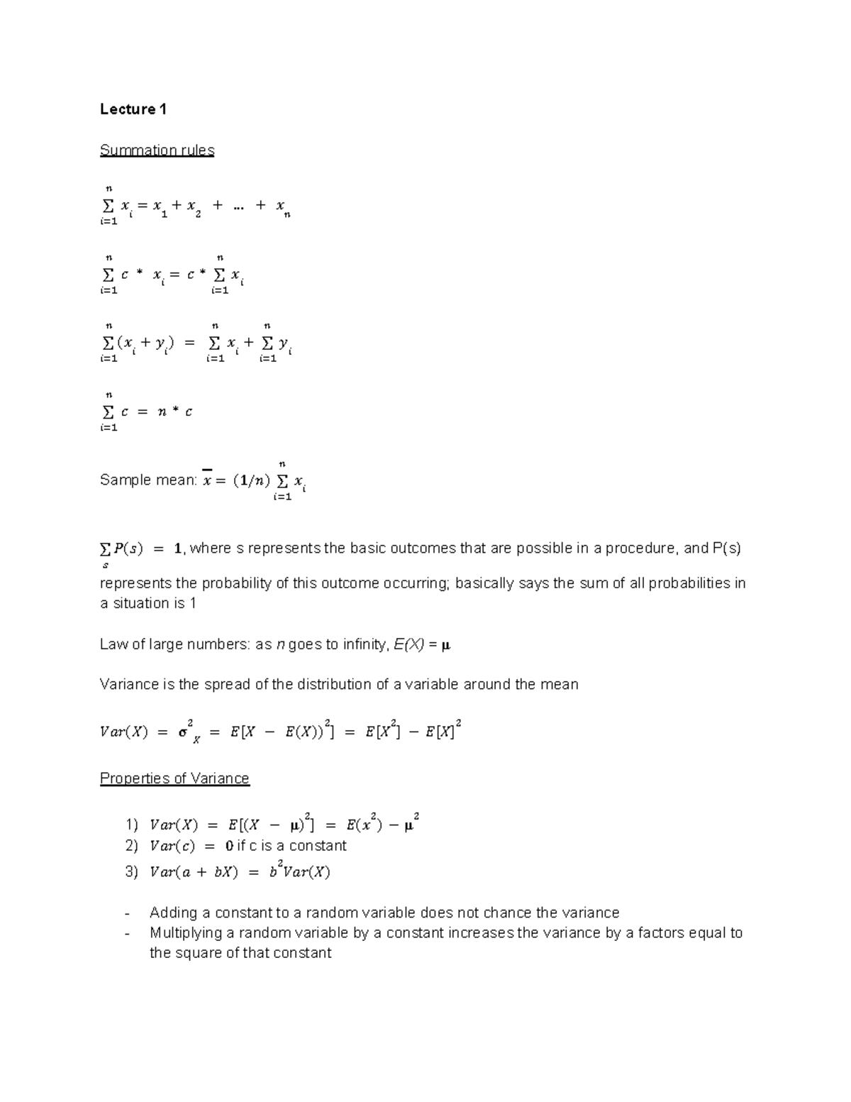 Econometrics Final Exam Study Guide - Lecture 1 Summation rules 𝑖= 𝑛 ∑ 𝑥𝑖 = 𝑥 1 + 𝑥 2 + ... + 𝑥𝑛 ...