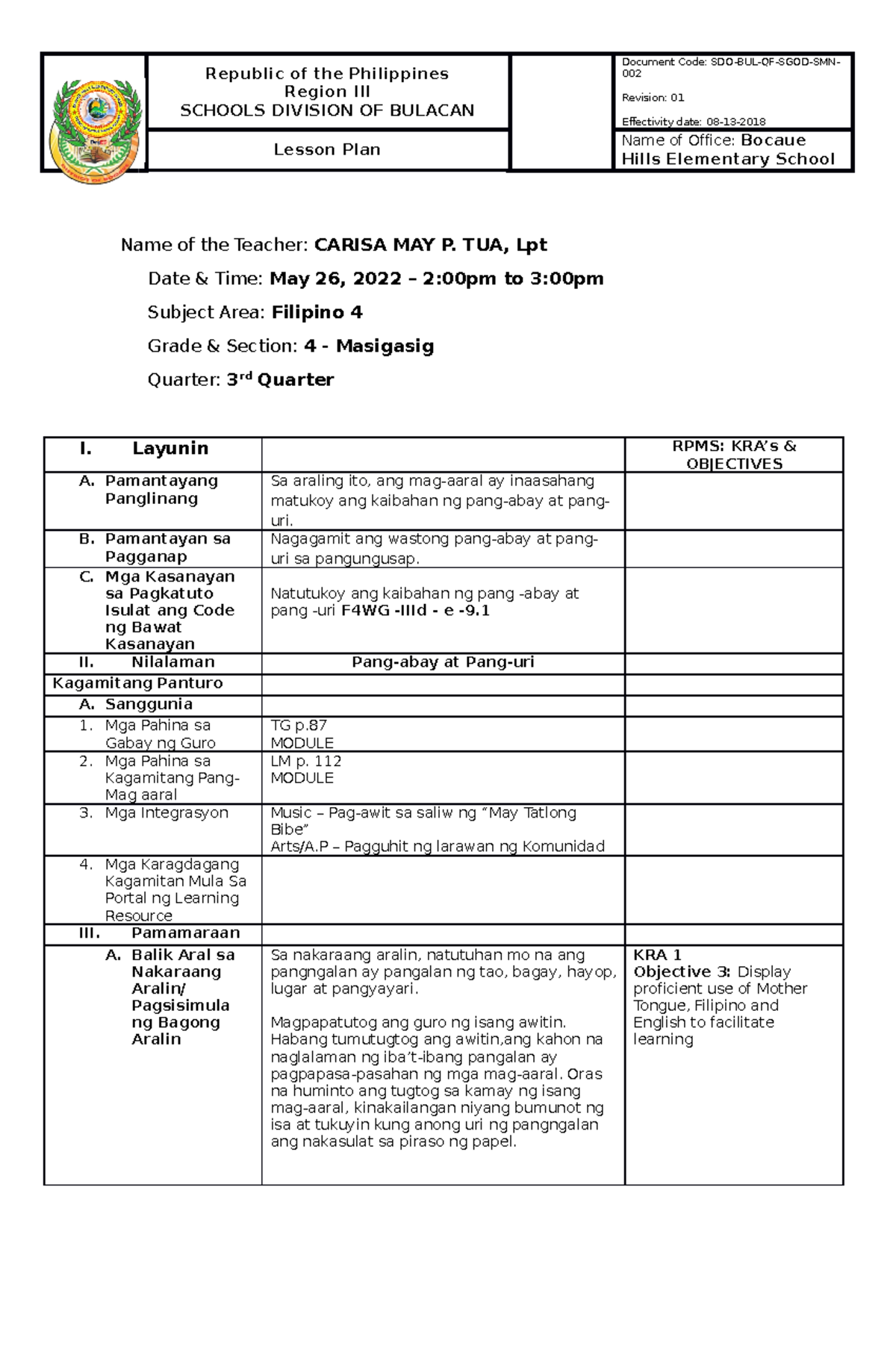 TUA-2ND CO - LESSON PLAN - Republic of the Philippines Region III ...