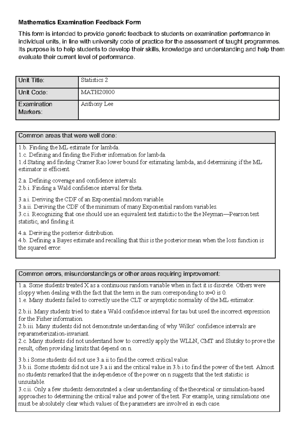 Statistics 2 Exam Feedback 2019 - Mathematics Examination Feedback Form ...