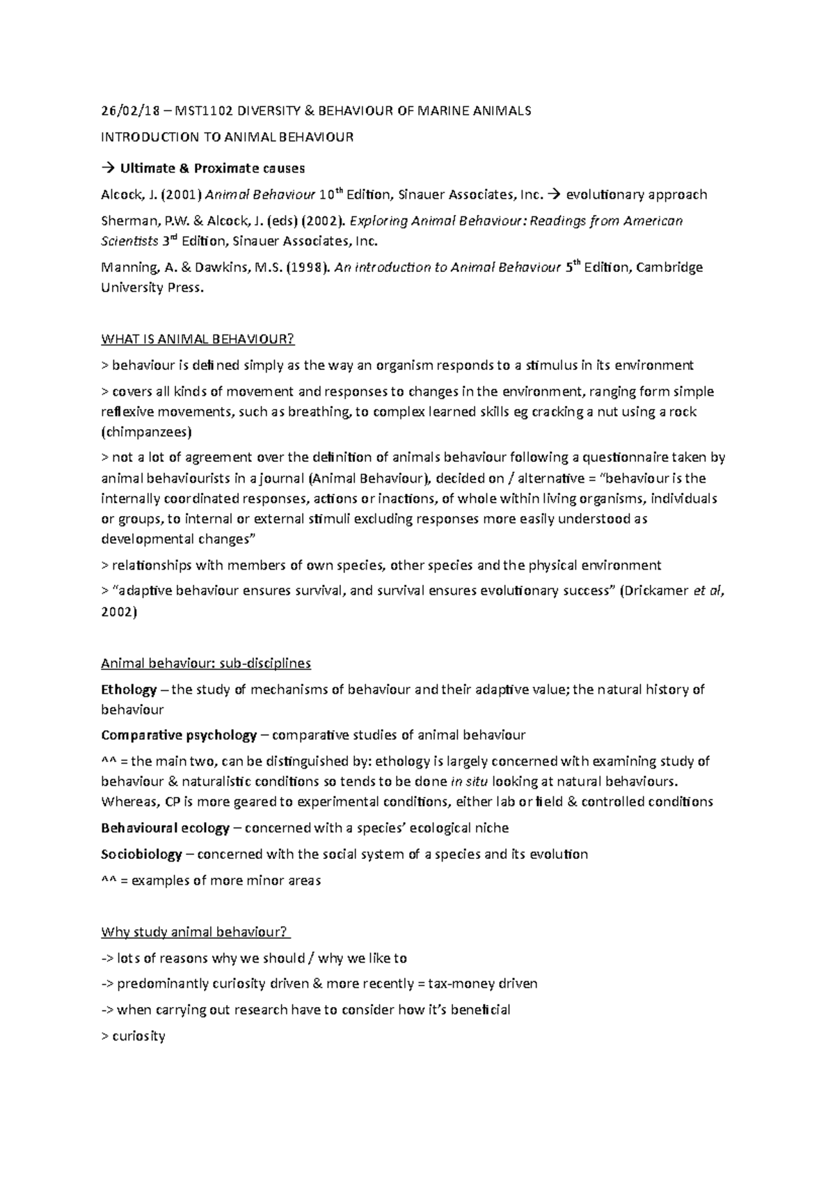 Introduction to animal behaviour - 26/02/18 – MST1102 DIVERSITY ...