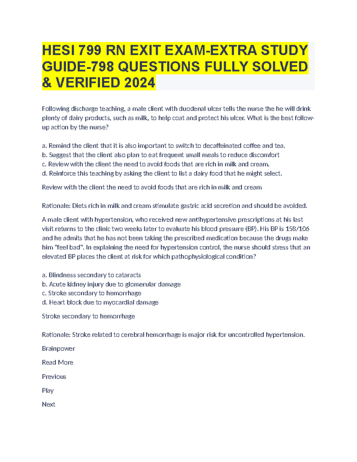 HESI 799 RN EXIT EXAM- Extra Study Guide-798 Questions Fully Solved ...