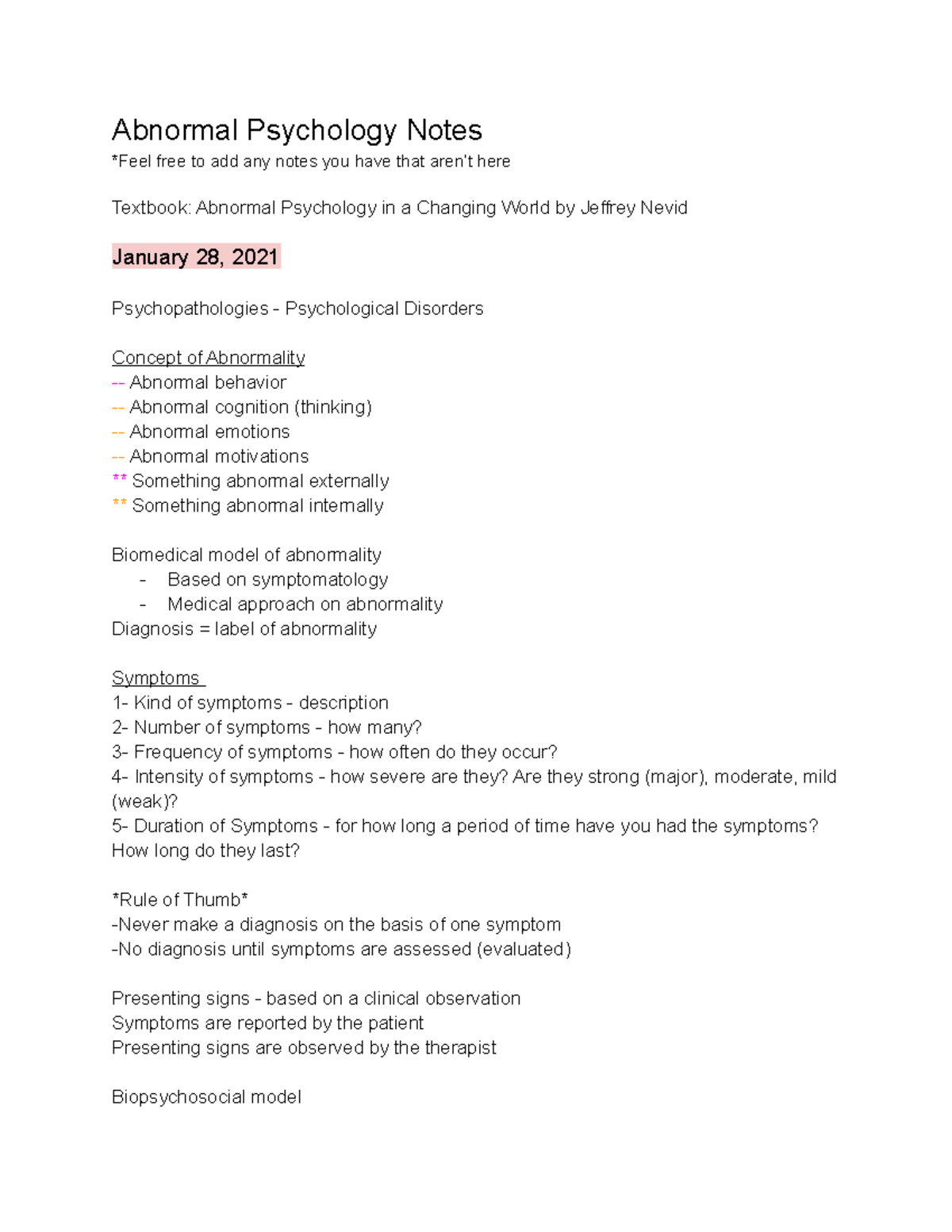 Abnormal Psychology Notes - Abnormal Psychology Notes *Feel free to add ...