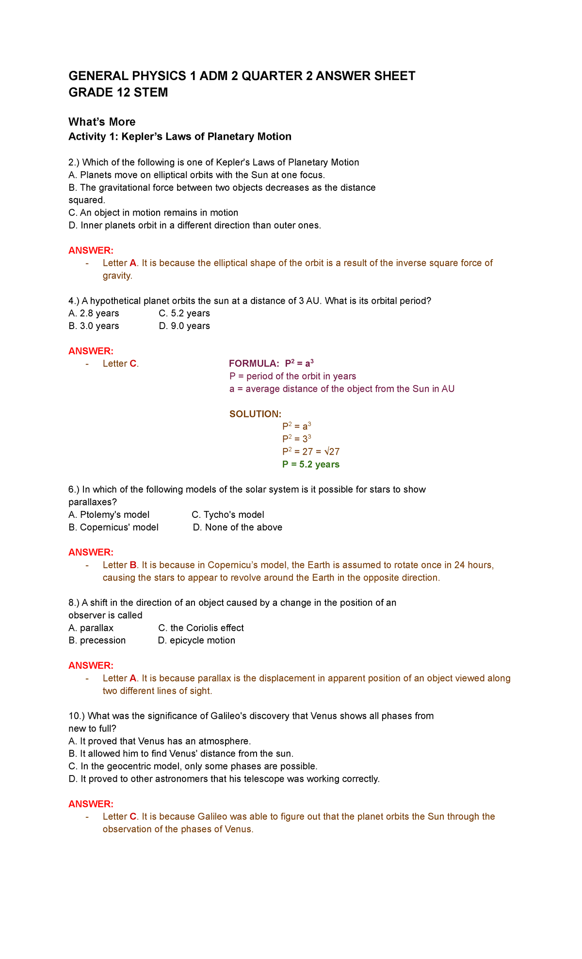 General Physics 1 ADM 2 Quarter 2 Answer KEY Grade 12 STEM - Studocu