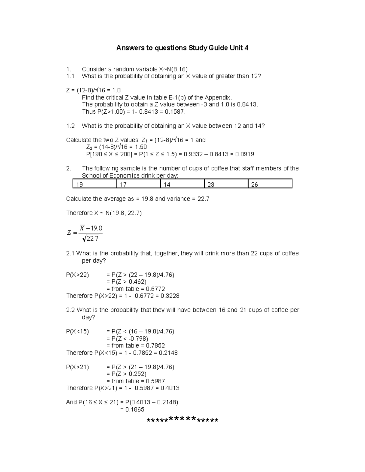 Answers Study Guide Unit4 - Answers to questions Study Guide Unit 4 Consider a random variable ...
