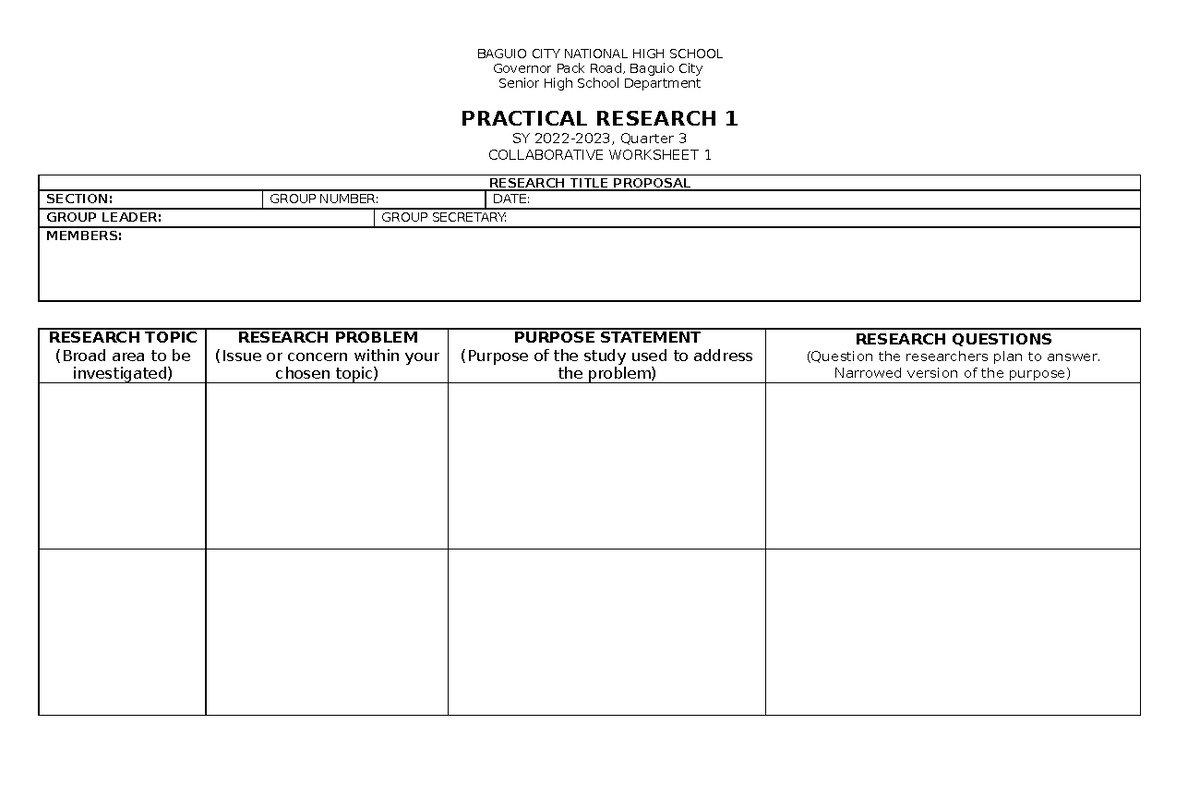 Practical Research 1 Topic - BAGUIO CITY NATIONAL HIGH SCHOOL Governor ...