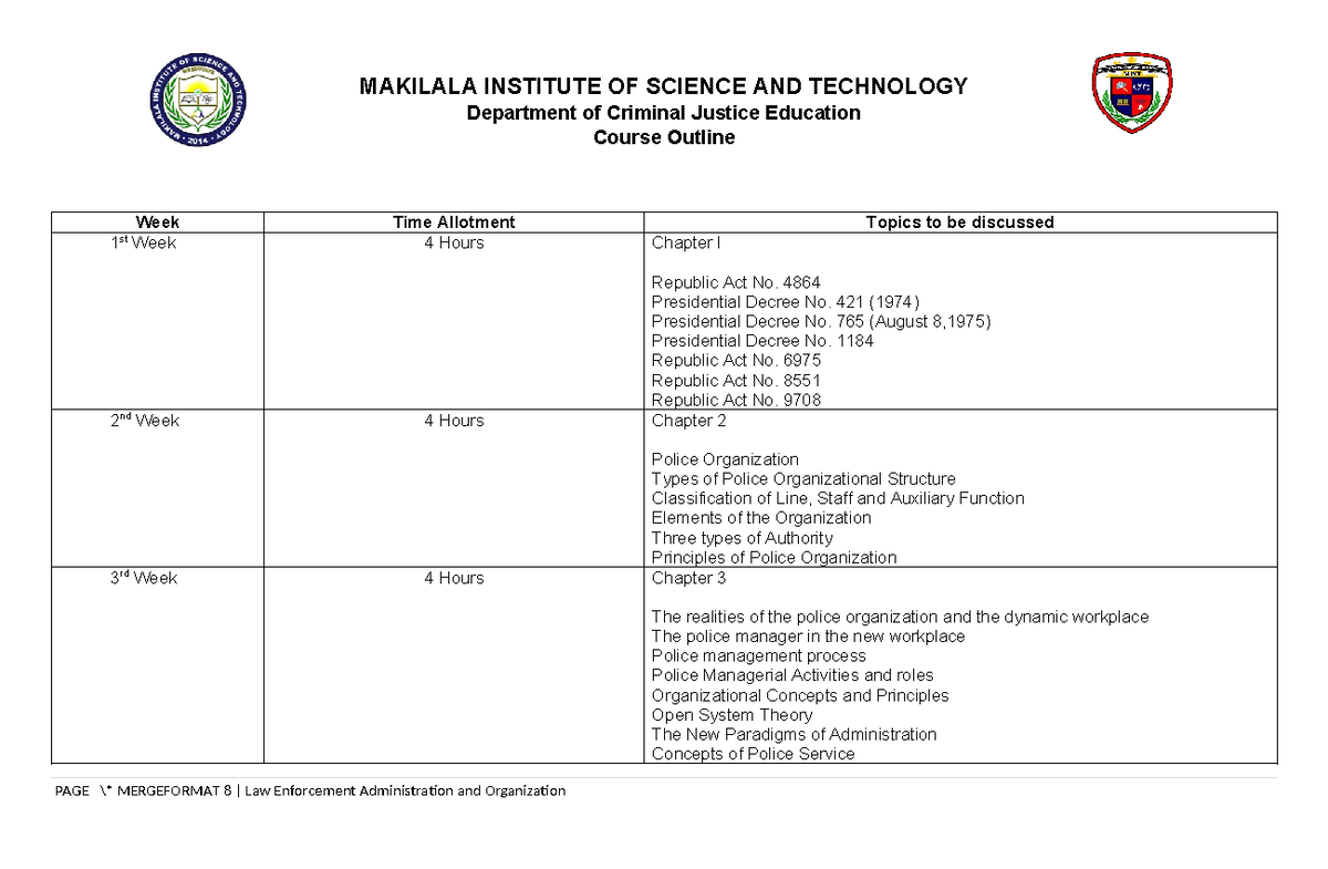 LEA 1 Course Outline - MAKILALA INSTITUTE OF SCIENCE AND TECHNOLOGY ...