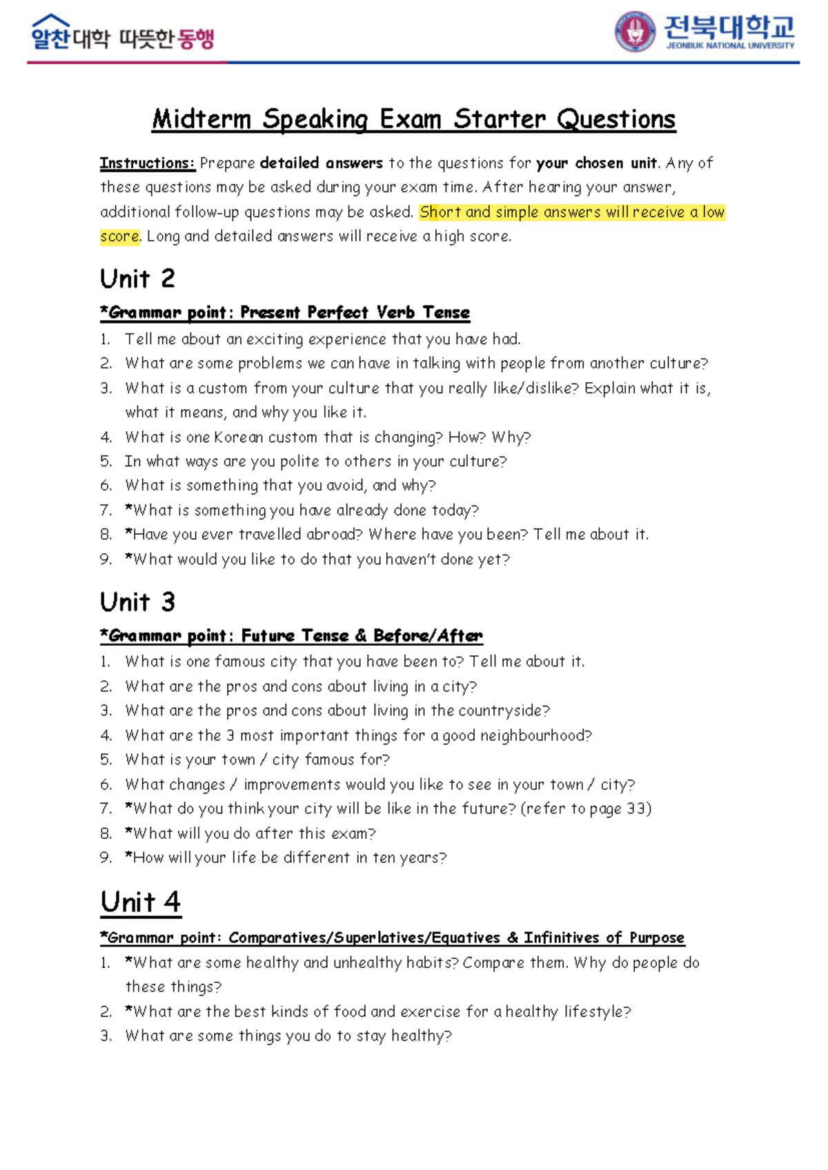 Midterm Speaking Exam Questions - Midterm Speaking Exam Starter ...