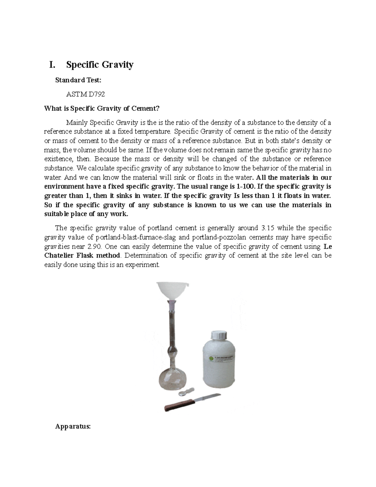 Report Script - yrh - I. Specific Gravity Standard Test: ASTM D What is ...