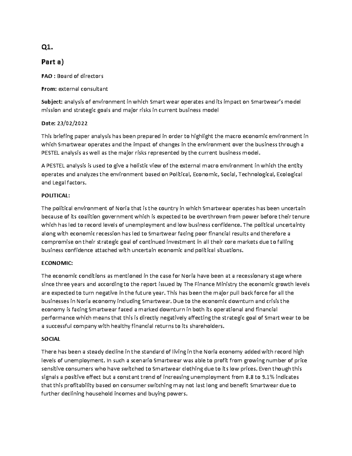 Smart wear - bbsss - Q1. Part a) FAO : Board of directors From : external consultant Subject ...