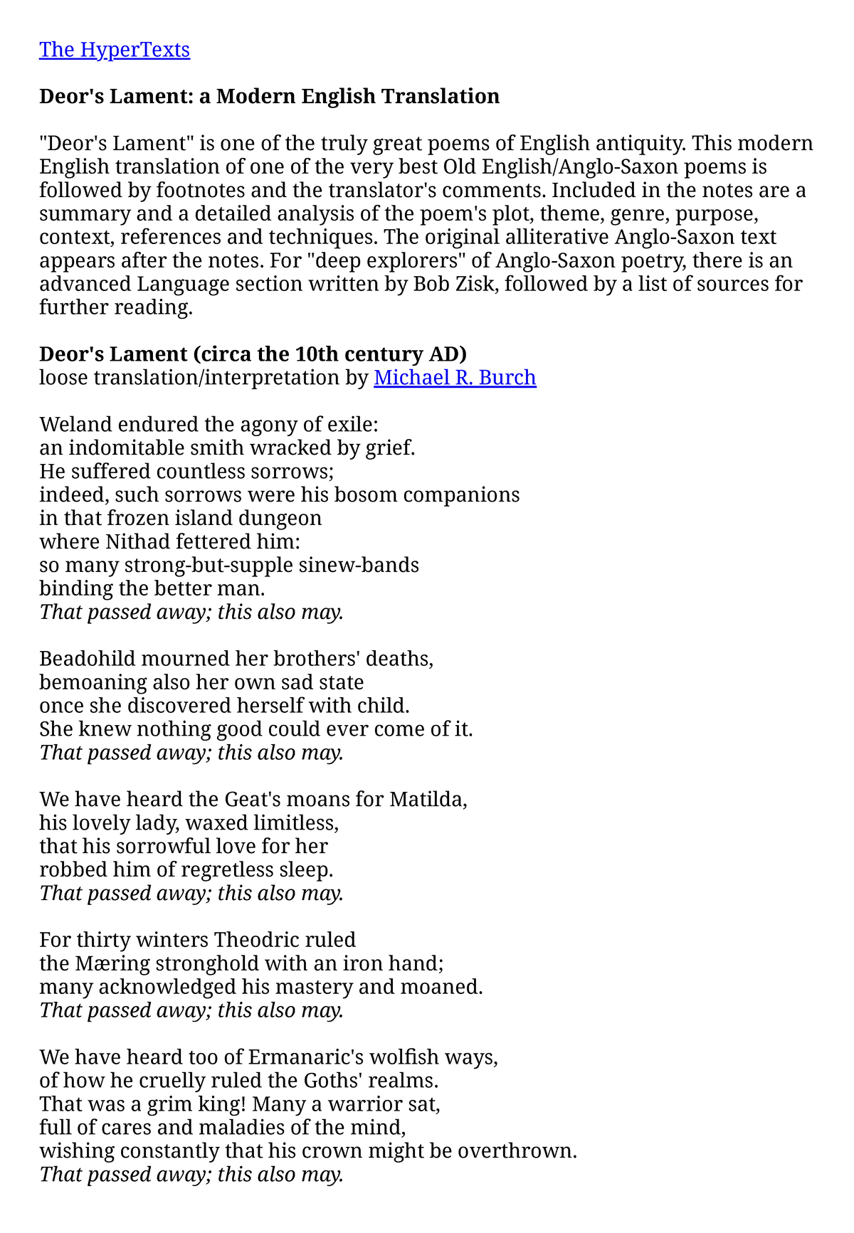 Deor's Lament Modern English Translation - The HyperTexts Deor's Lament ...