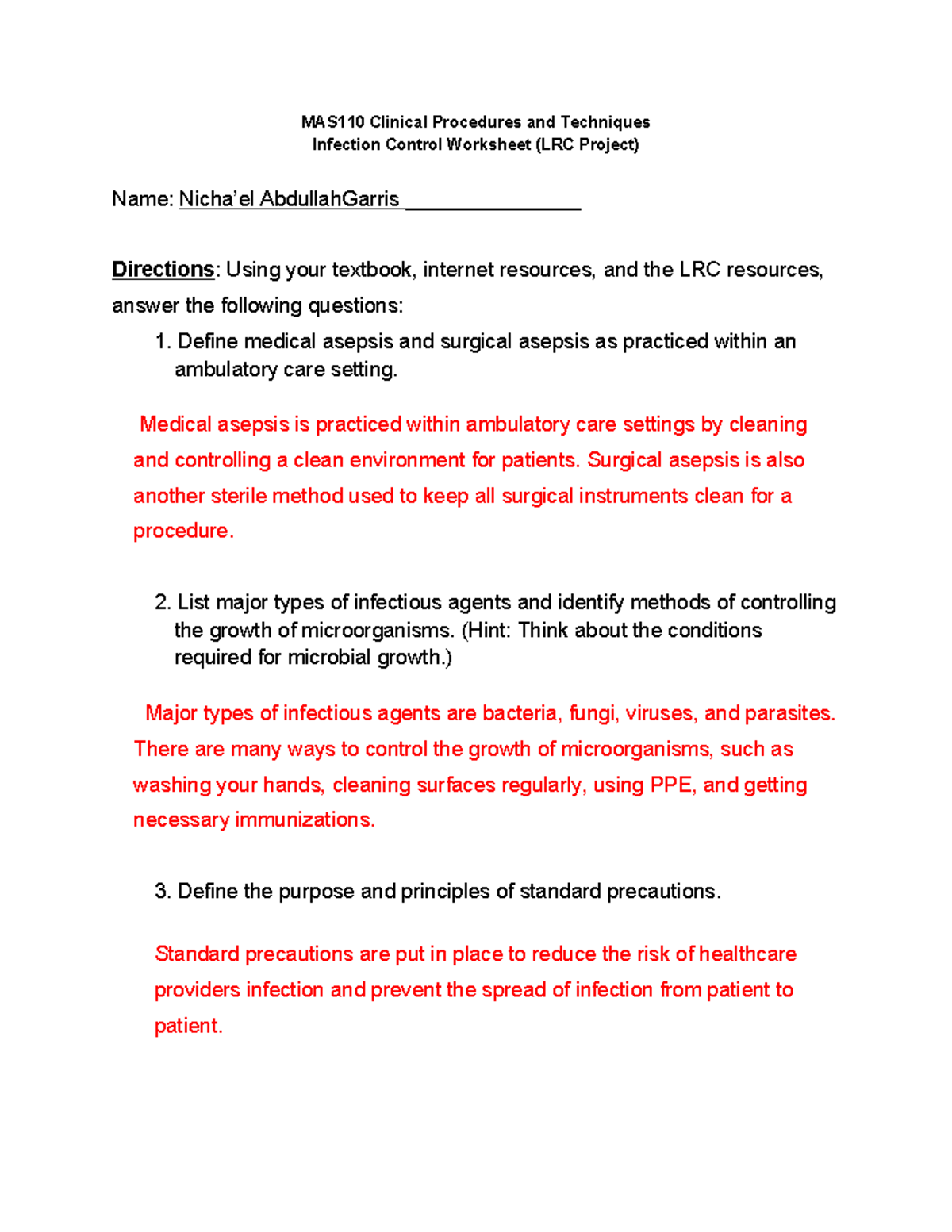 MAS110 Wk1 Infection Control - MAS110 Clinical Procedures and ...