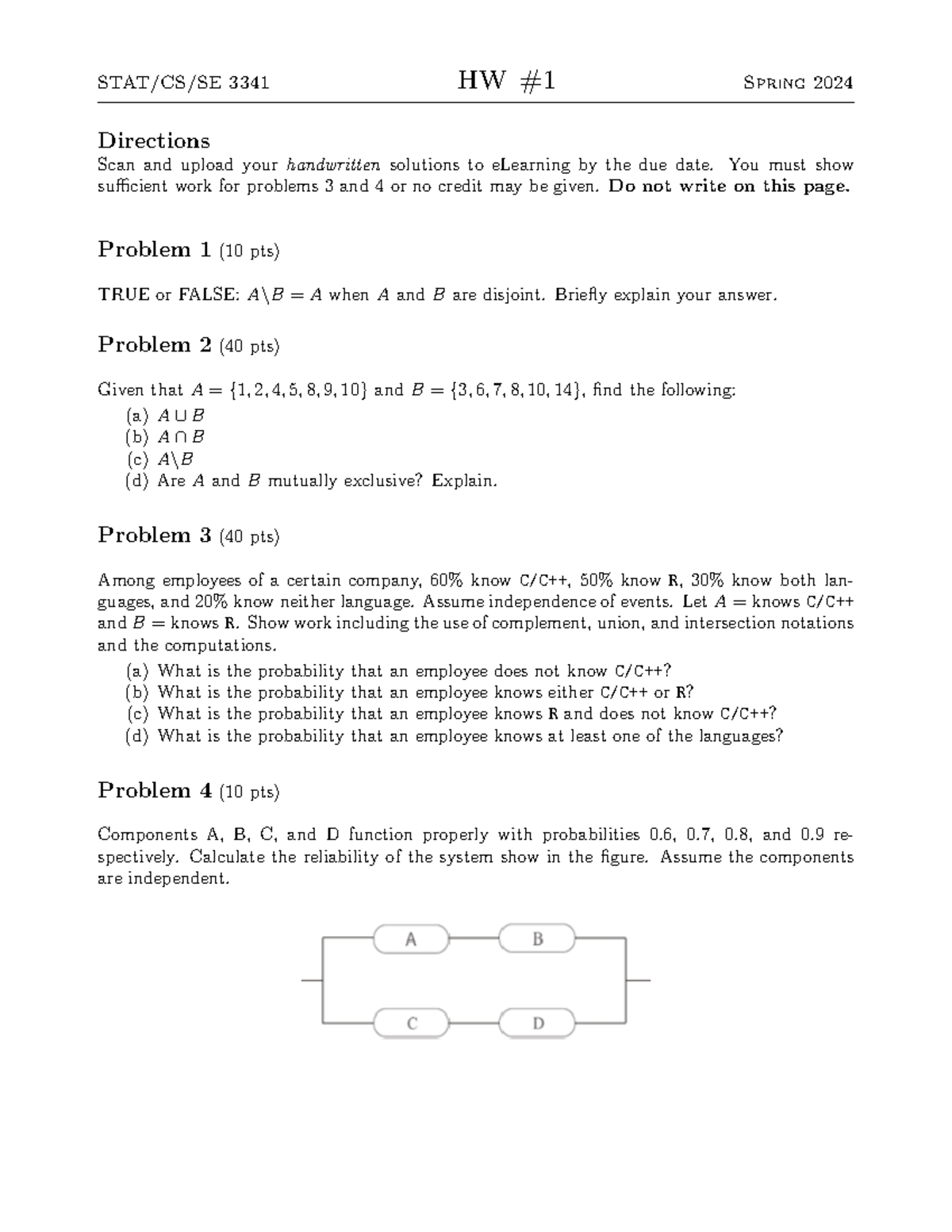 Homework 01 - STAT/CS/SE 3341 HW #1 Spring 2024 Directions Scan and upload your handwritten ...