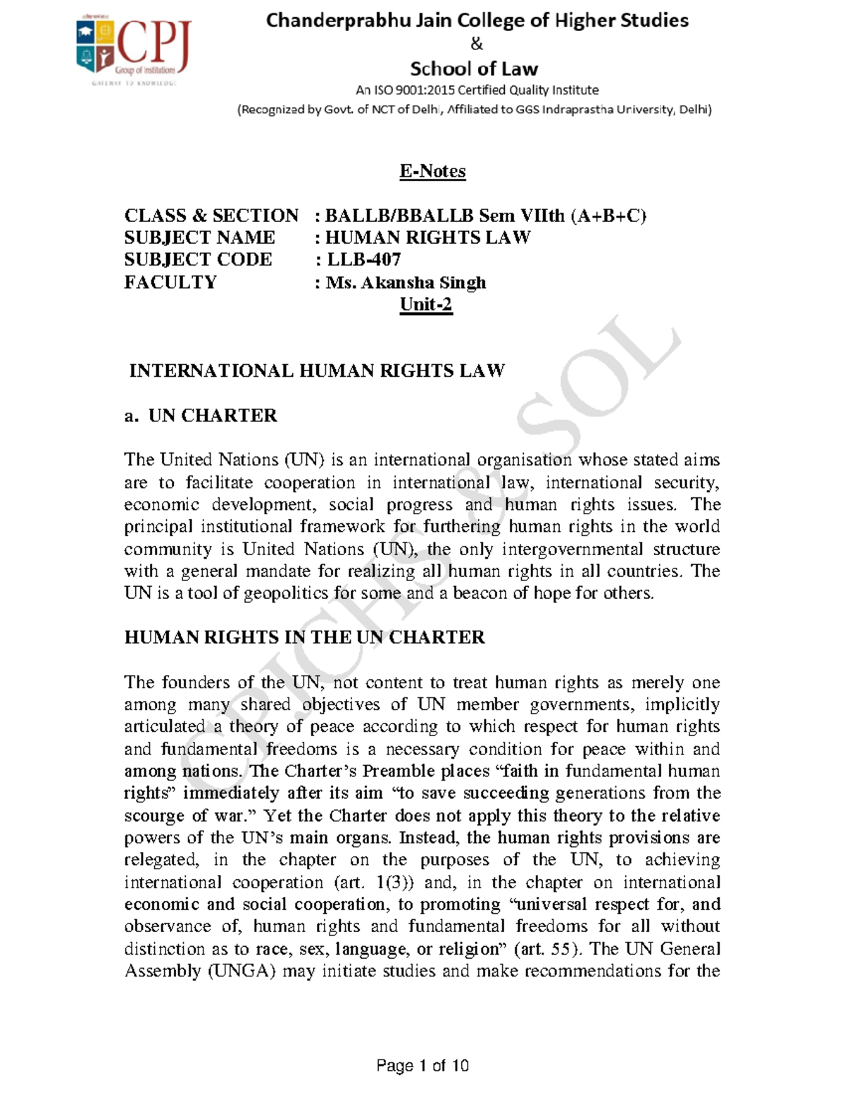 E-Notes Human Rights Unit- 2 - CPJCHS & SOL E-Notes CLASS & SECTION ...