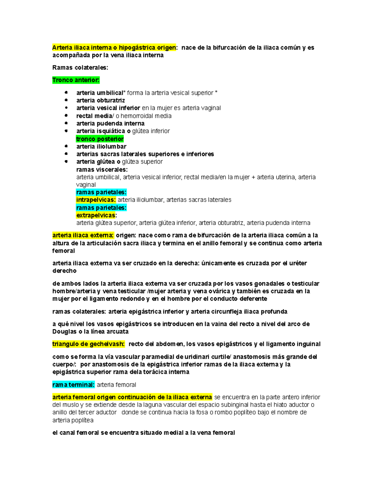 Arteria iliaca interna o hipogástrica origen - Inicia en el Hiato ...