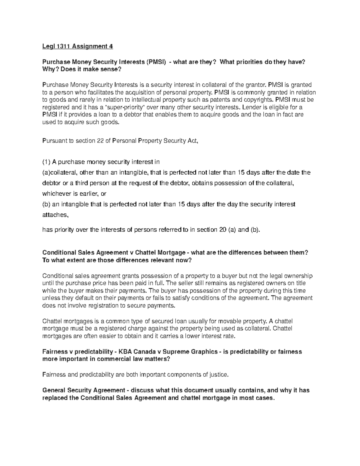 Legl 1311 Assignment 4 - Legl 1311 Assignment 4 Purchase Money Security ...
