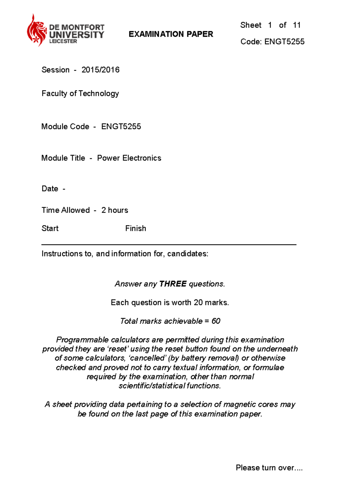 Power Electronics - Sheet 1 of 11 EXAMINATION PAPER Code: ENGT Session ...