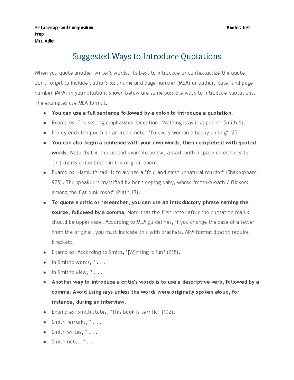 Suggestedwaystointroducequotes - AP Language and Composition Binder ...