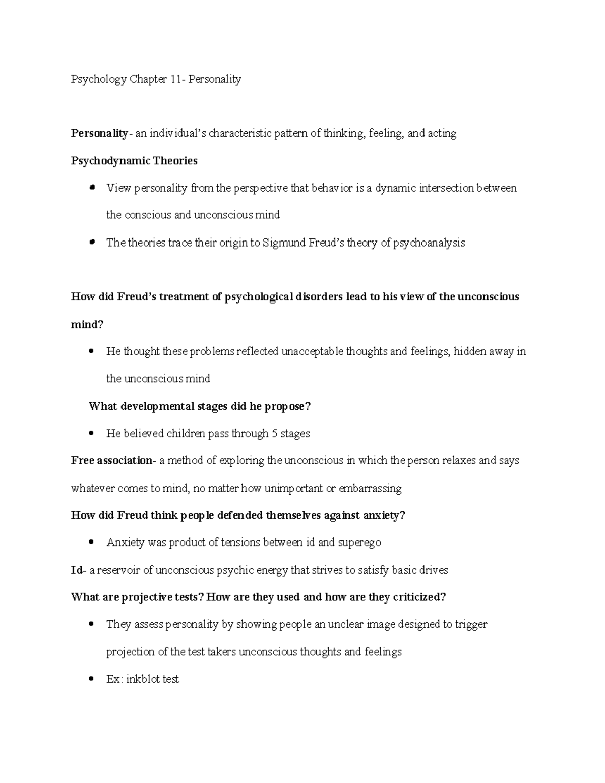 Introductory Psychology Chapter 11 - Psychology Chapter 11- Personality ...