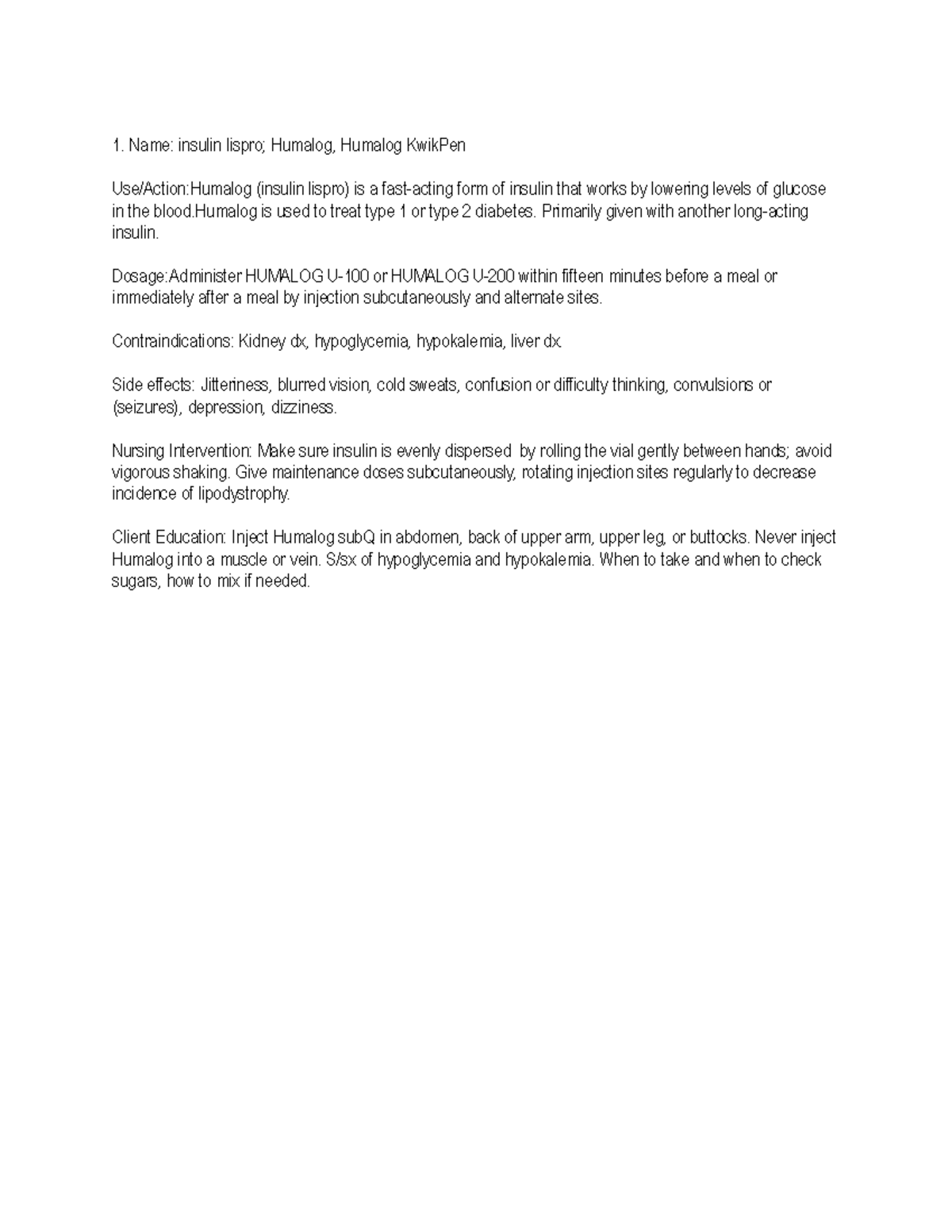 Endocrine Med Cards - endo - Name: insulin lispro; Humalog, Humalog ...