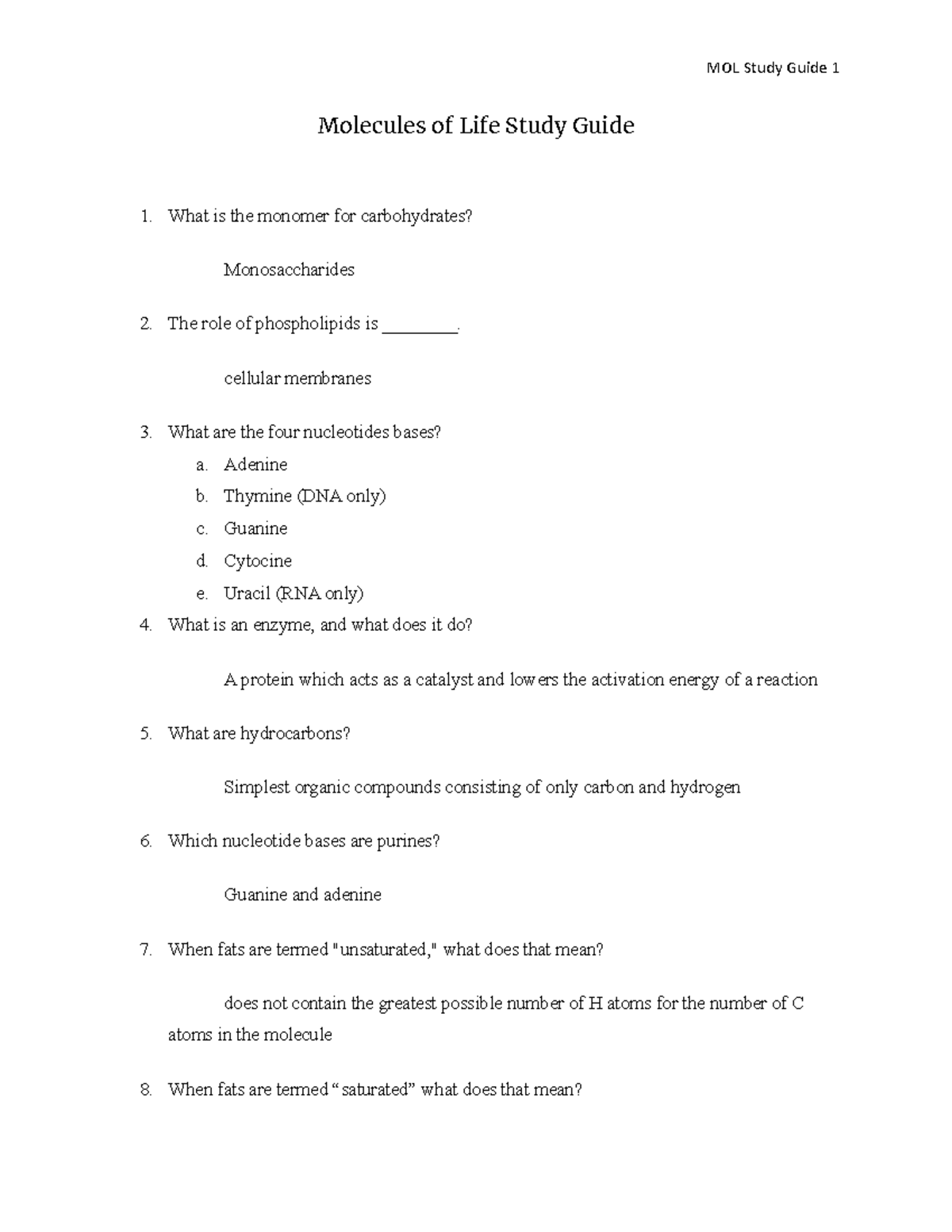 Molecules of Life Study Guide - MOL Study Guide 1 Molecules of Life ...