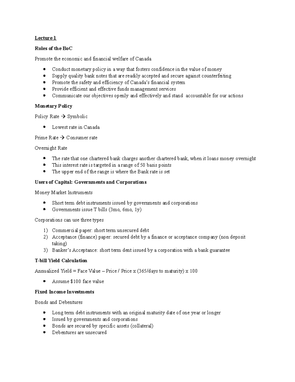 Fixed Income Notes - Lecture 1 Roles of the BoC Promote the economic ...