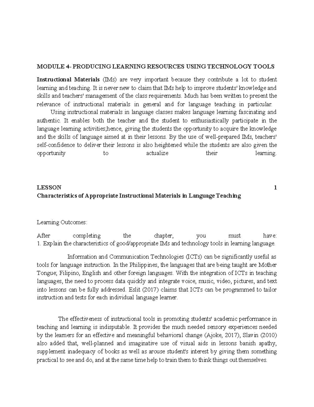Module 4 TTL hand outs - MODULE 4- PRODUCING LEARNING RESOURCES USING TECHNOLOGY TOOLS ...