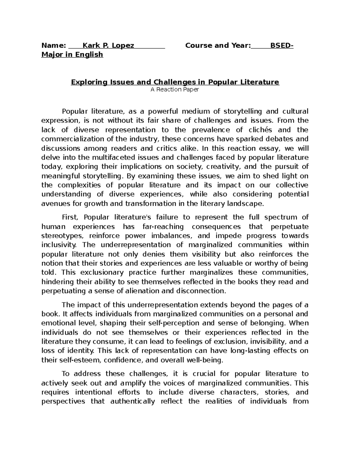 Aaa reaction pper - Summary Indigenous Creative Crafts - Name: Kark P ...