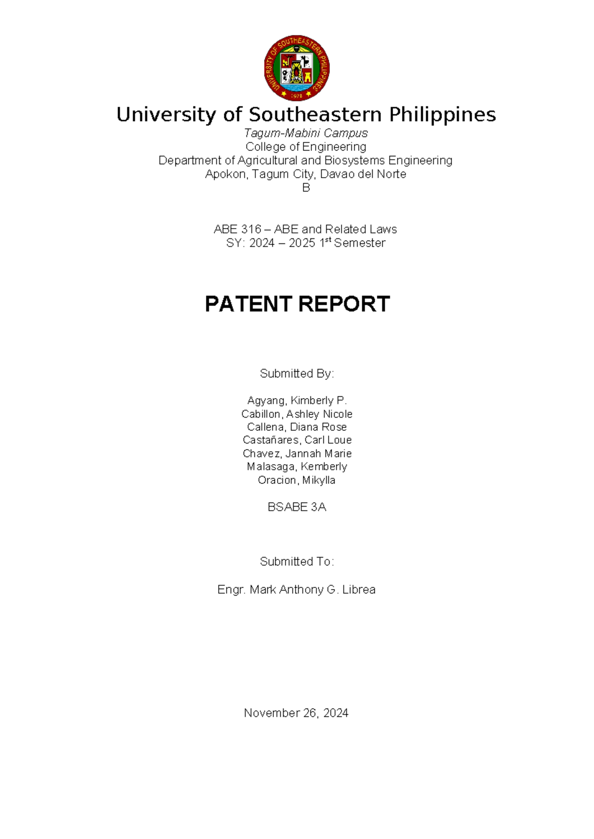 Patent - University of Southeastern Philippines Tagum-Mabini Campus ...