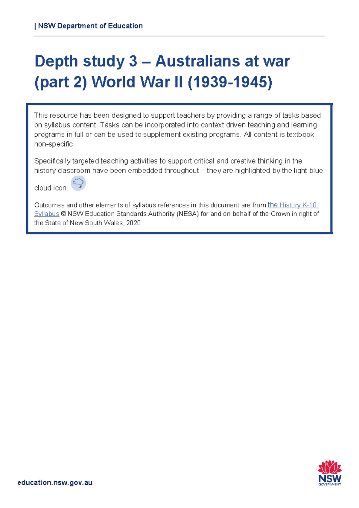 S5 History depth study 3 WW2 - | NSW Department of Education Depth ...