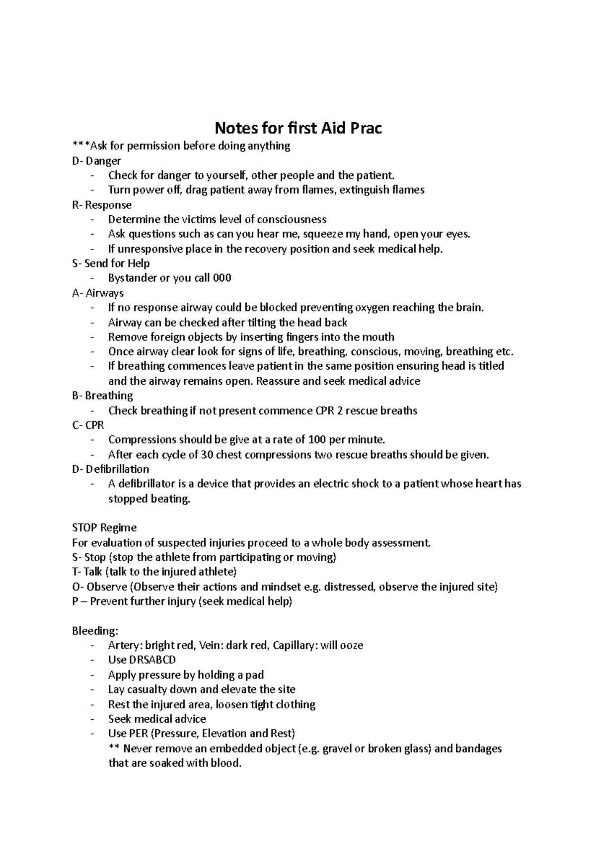 Notes for first Aid Prac - Notes for first Aid Prac ***Ask for ...