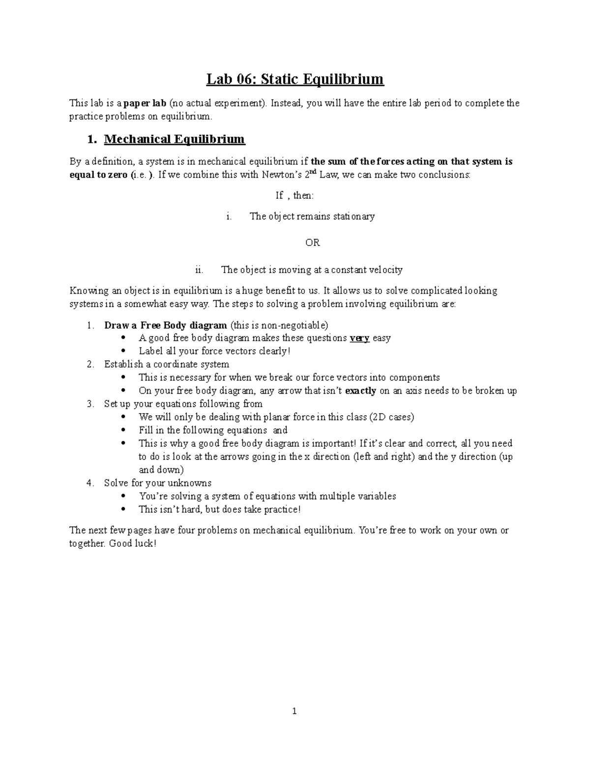 Lab 06 PHY274 Static Equilbrium - Lab 06: Static Equilibrium This lab ...