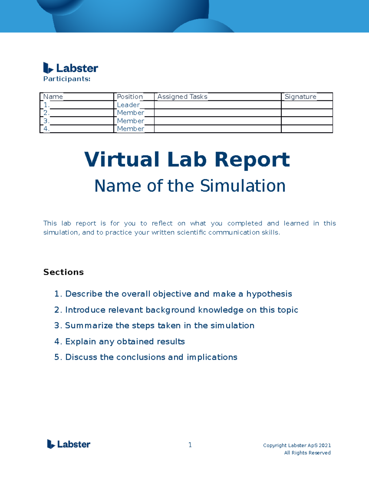 Lab Report Template English 1 - Participants: Name Position Assigned ...