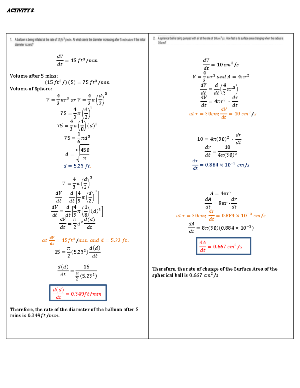 Application of Derivatives-Pre Calculus Activities - ACTIVITY 3. 𝑑𝑉 𝑑𝑡 ...