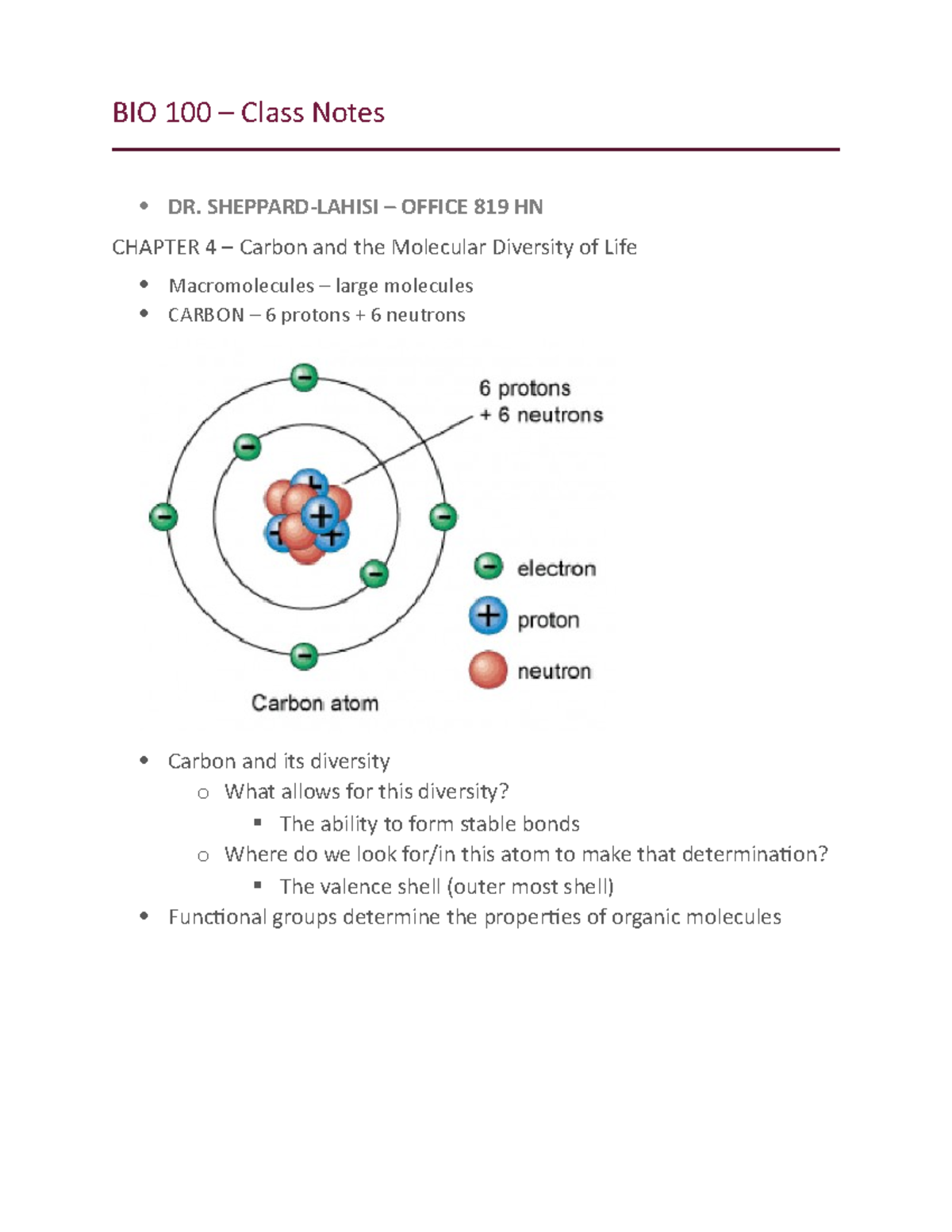 BIO 100 – Class Notes - BIO 100 Class Notes DR. OFFICE 819 HN CHAPTER 4 ...