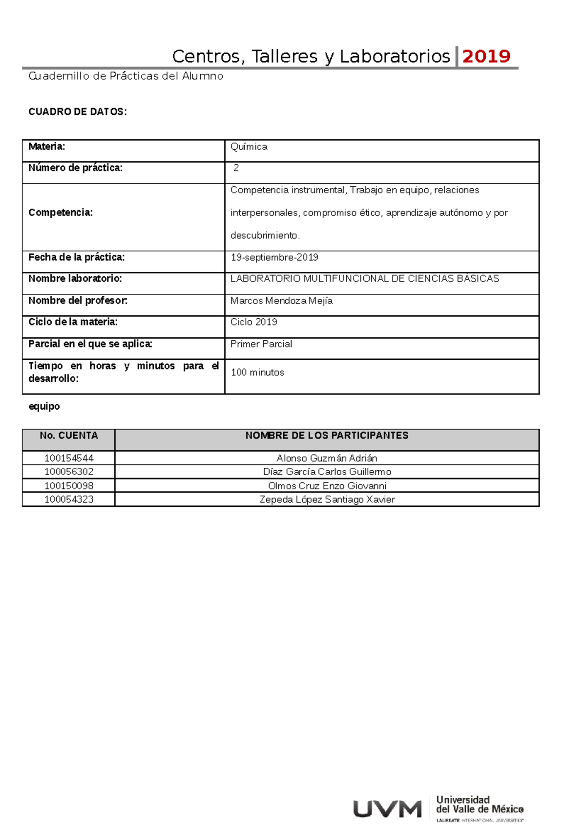 Pr ctica 2 Qu mica - quimica - Cuadernillo de Prácticas del Alumno CUADRO DE DATOS: Materia ...
