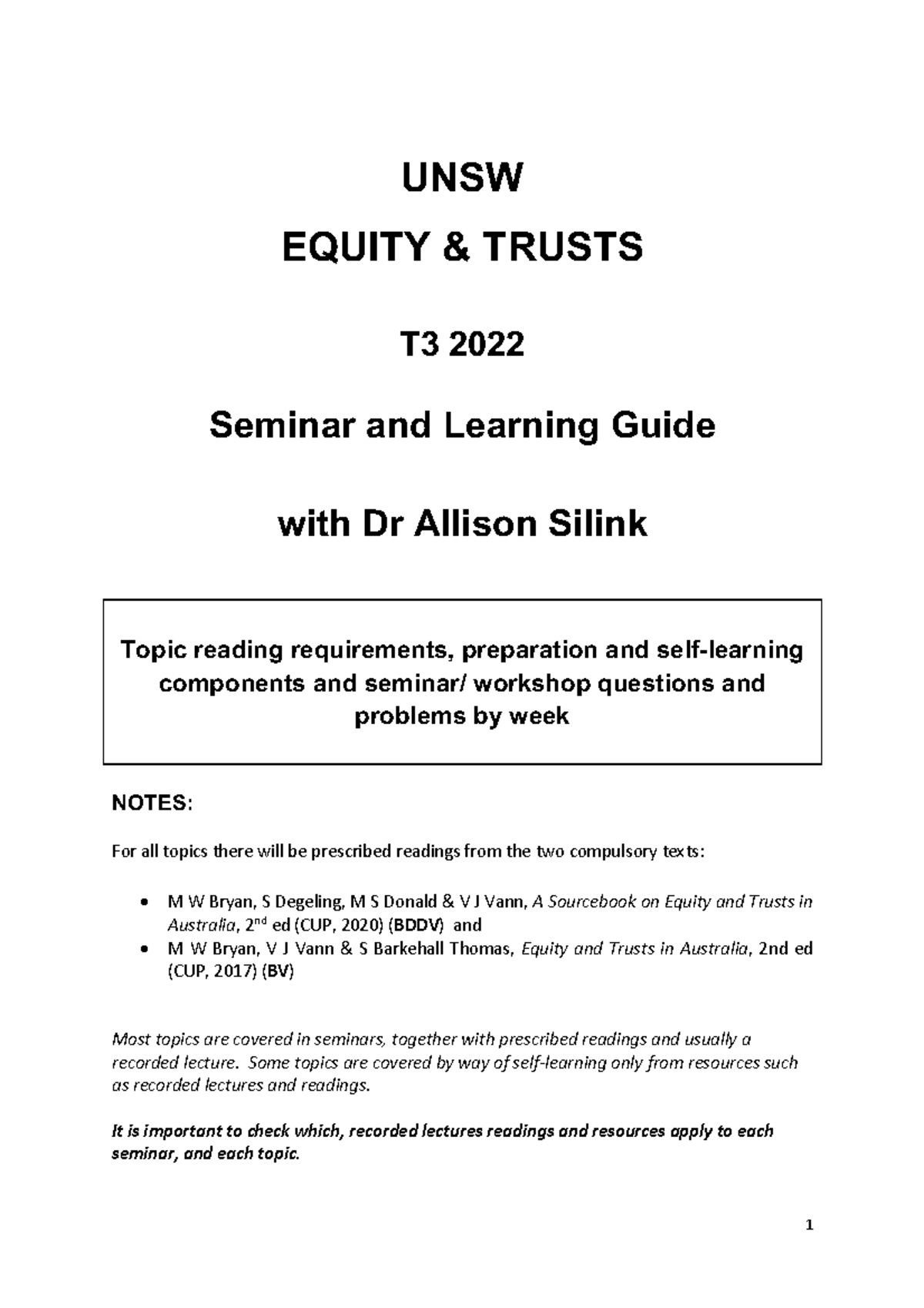 Seminar Learning Guide for Dr Silinks seminars - UNSW EQUITY & TRUSTS T3 2022 Seminar and - Studocu