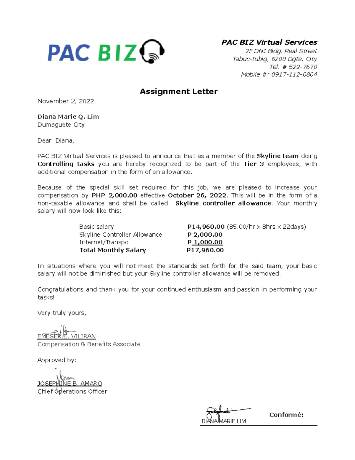 Allowance Assigment Letter Diana Q. Lim Skyline - PAC BIZ Virtual ...