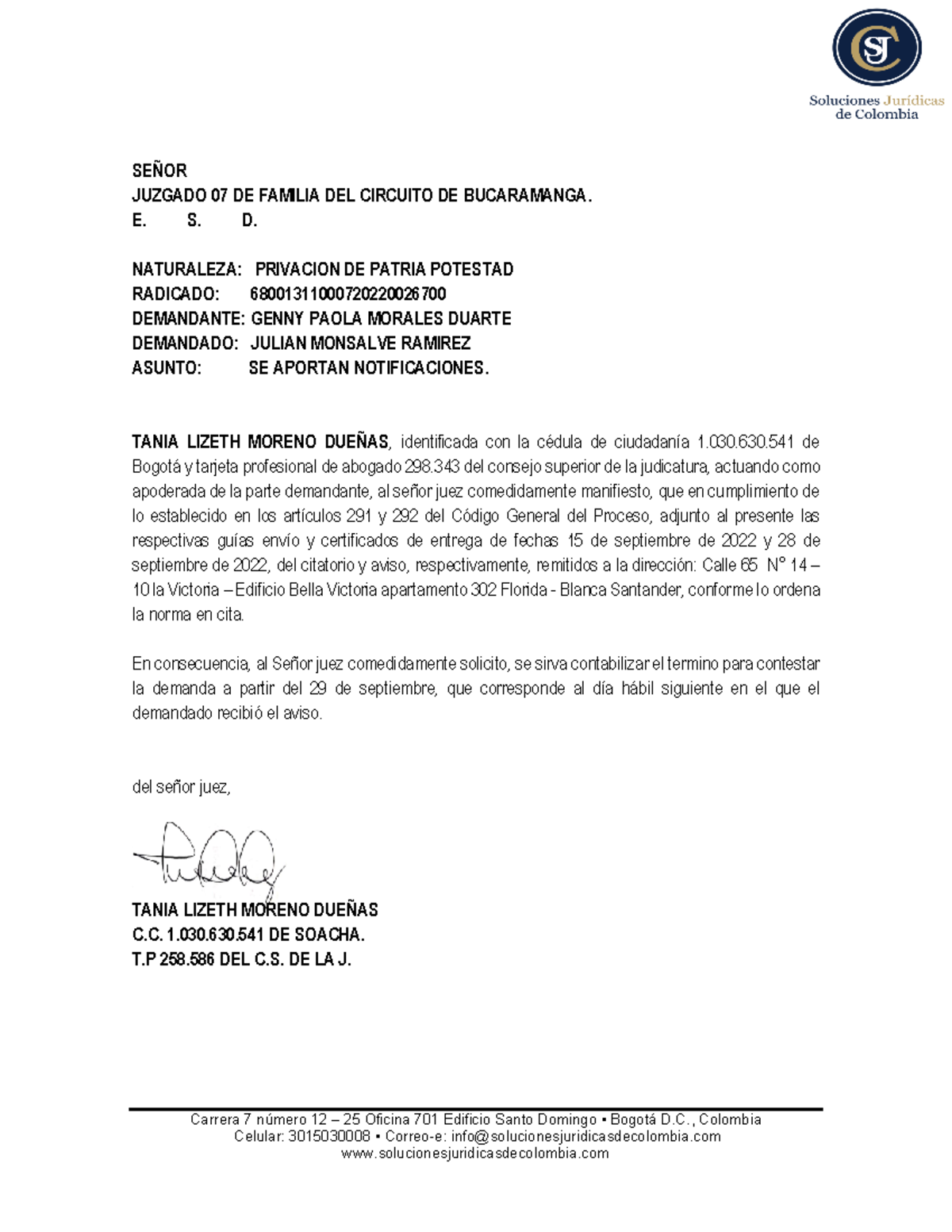 Memorial aportando notificación art 291 y 292 J7 B- Manga - Carrera 7 número 12 – 25 Oficina 701 ...