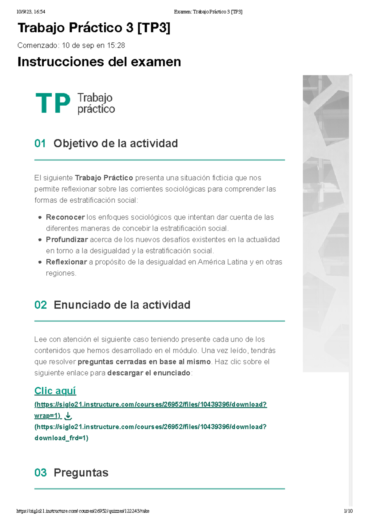 Examen Trabajo Práctico 3 [TP3] Sociol 3. 100%pdf - Trabajo Práctico 3 [TP3] Comenzado: 10 de ...