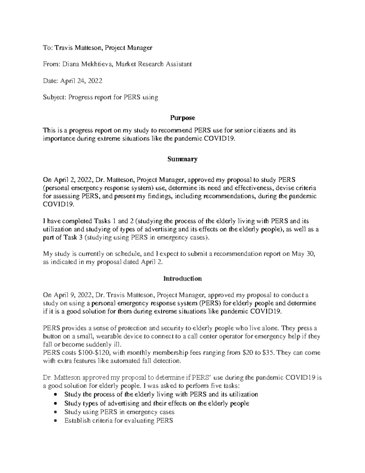 Progress Report - Summary On April 2, 2022, Dr. Matteson, Project ...